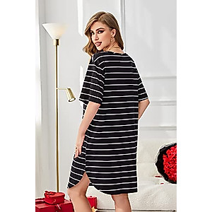 FENTENG Nightgown for Women Sleepwear Loose Short Sleeve Nightdress V Neck Nightgowns Print Sleepshirts Comfy Nightshirt (Black1, XXL)