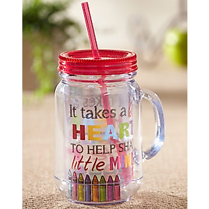 Cypress Home Teacher Appreciation 20 oz Gift Mug It Takes A Big Heart To Help Shape Little Minds | Red | Double Wall Insulated Mason Jar With Straw | 6.25-in Tall x 5-in Wide