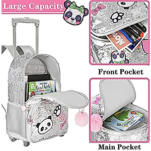 Meetbelify Girls Rolling Backpack Sequin Rolling Backpacks with Wheels for Girls for Elementary Preschool Cute Panda Roller Luggage with Lunch Box for 6-12 Girls