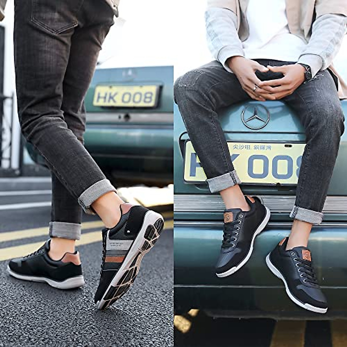 AX BOXING Mens Lace Up PU Leather Sneakers - Breathable and Comfortable Casual Walking Shoes(Black, Size_10)