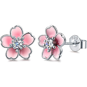 Pink Flower Earrings for Women, 925 Sterling Silver Stud Earrings, Cute Plumeria Earrings For Girl, Cherry Blossom Hypoallergenic Stud