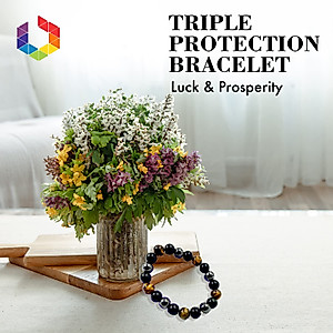 Handmade Bracelets for Women, Men Triple Protection Bead Bracelet -10 mm Hematite, Black Obsidian, Tiger Eye Jewelry Protection - Healing Stone Bead Bracelets for Women and Men Black Obsidian Bracelet