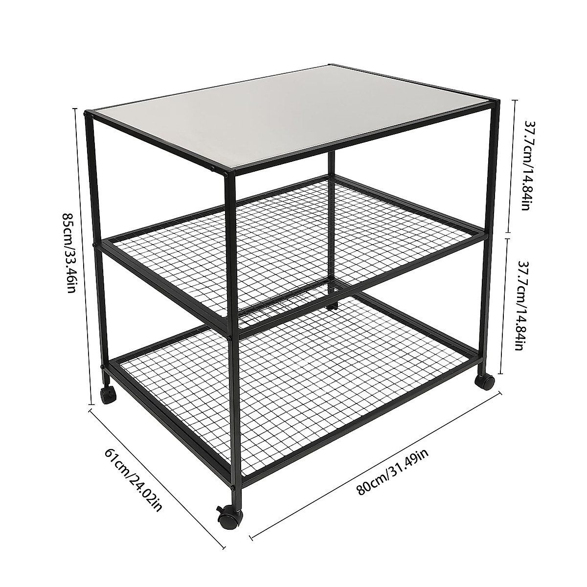 Mobile Outdoor Grill Cart, 3-Tier Stainless Steel Work Cart Table Dining Cart Table for Pizza Oven Outdoor Cart Grill Stand Trolley Table for Home, Backyard and Outdoor, Black