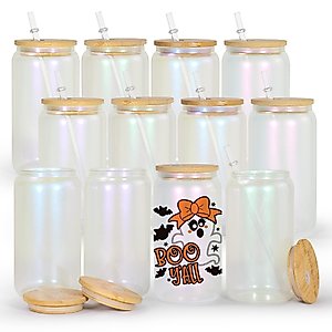 AGH 16OZ Sublimation Glass Blanks with Bamboo Lid and Plastic Straws, 12 Pack Transparent Chameleon Glasses Tumbler Mason Jar Cups for Iced Coffee, Juice, Soda, Drinks