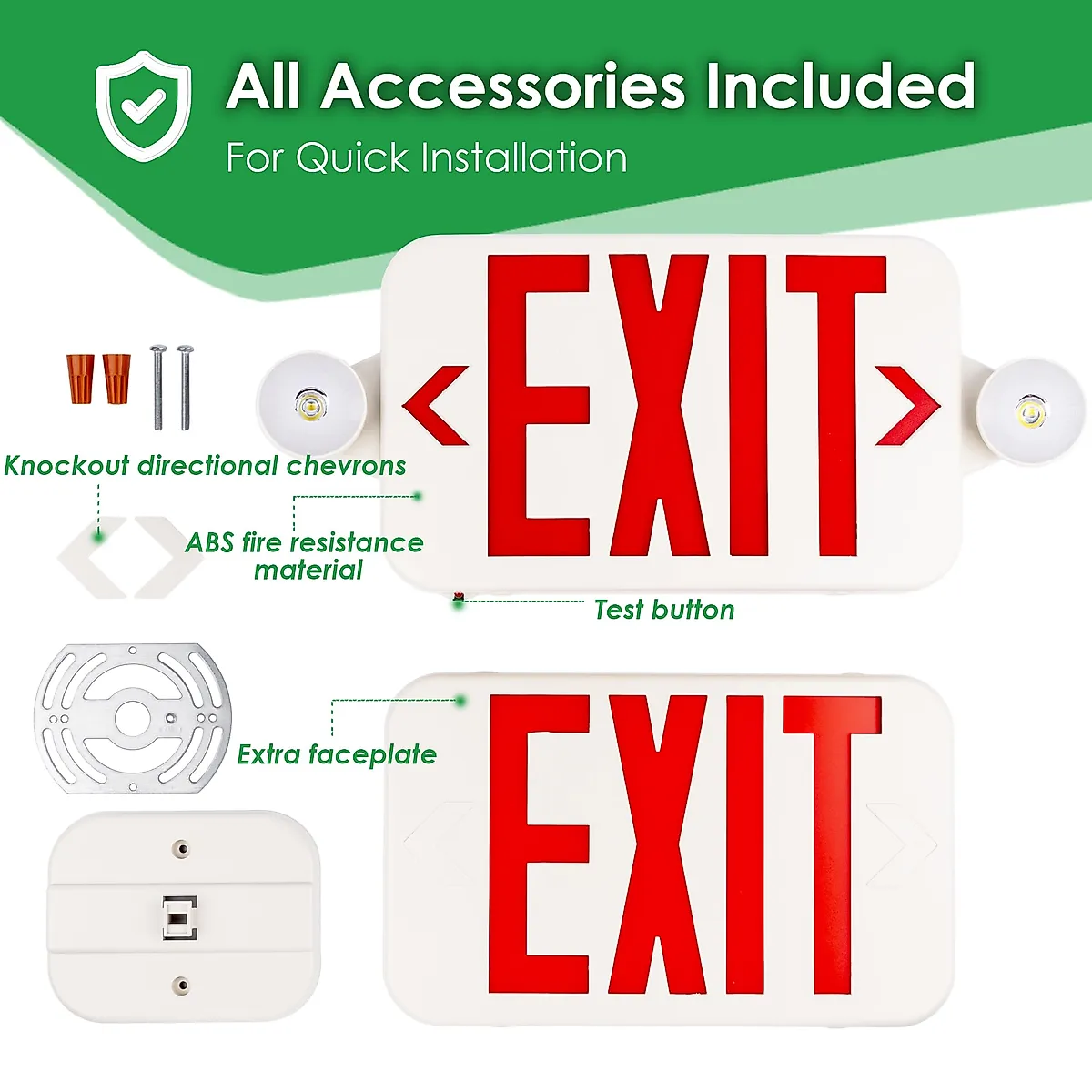 GRUENLICH LED Exit Sign Combo with Emergency Lights, Adjustable Heads and Double Sided, Battery Backup, UL 924 Qualified, AC 120-277V, Commercial Emergency Exit Light for Business- 1 Pack