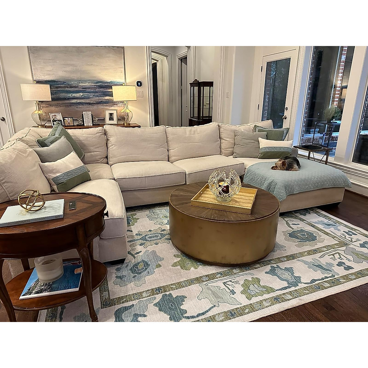 Green Oushak Rug, Modern, Vintage, Turkish, Eclectic, Floral, Pastel, Washable, Large Area Rugs for Living Room, Dining, Bedroom, Girls, Boys, 7'5"x9'8"