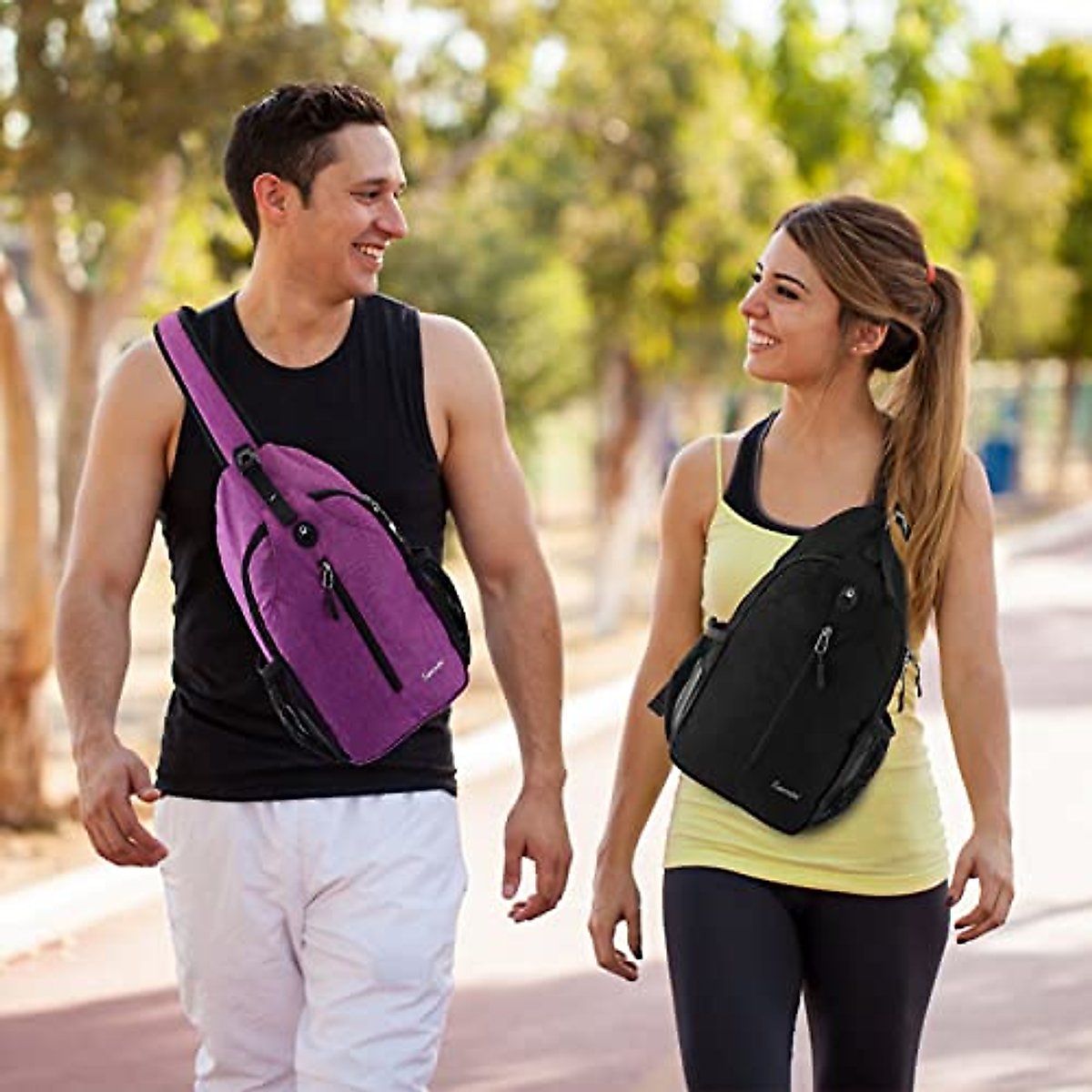 Fancosni Crossbody Sling Bags for Women Men, Black Sling Backpack, Lightweight Shoulder Bag, Multipurpose Sling Bag for Travel, Hiking, Shopping, Walking, Biking, Cycling, Earphone Hole, Chest Bag