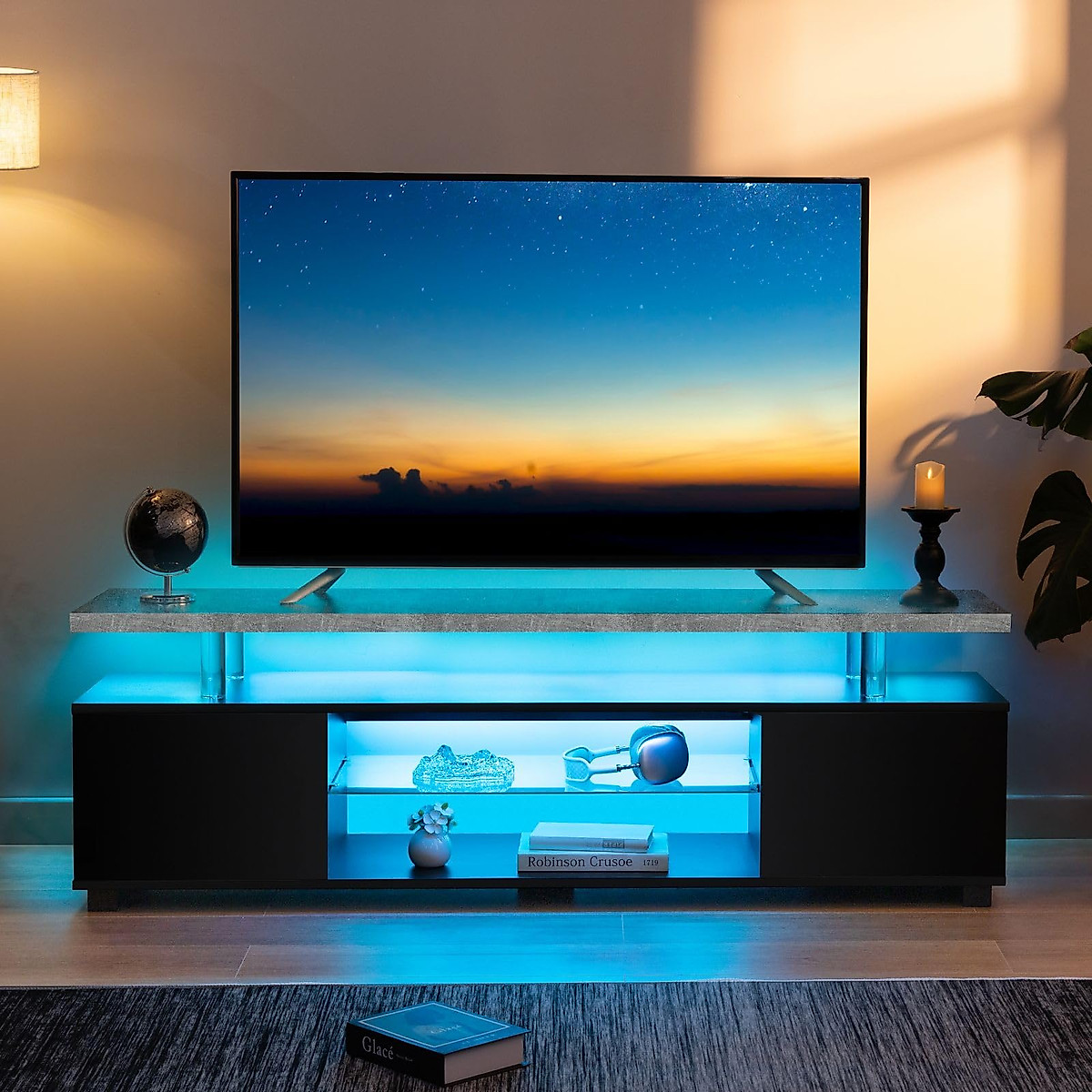 Cubehom Grey TV Stand 65 inch,LED TV Stand,Glass Entertainment Center TV Stand, TV Console Tables for Living Room,Bedroom,Home Office