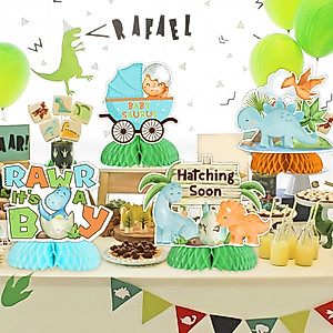 JOYMEMO 8 Pieces Dinosaur Baby Shower Honeycomb Centerpieces for Boys, Hatching Soon Baby Shower Table Decorations, Rawr Its A Boy Dinosaur Themed Party Supplies