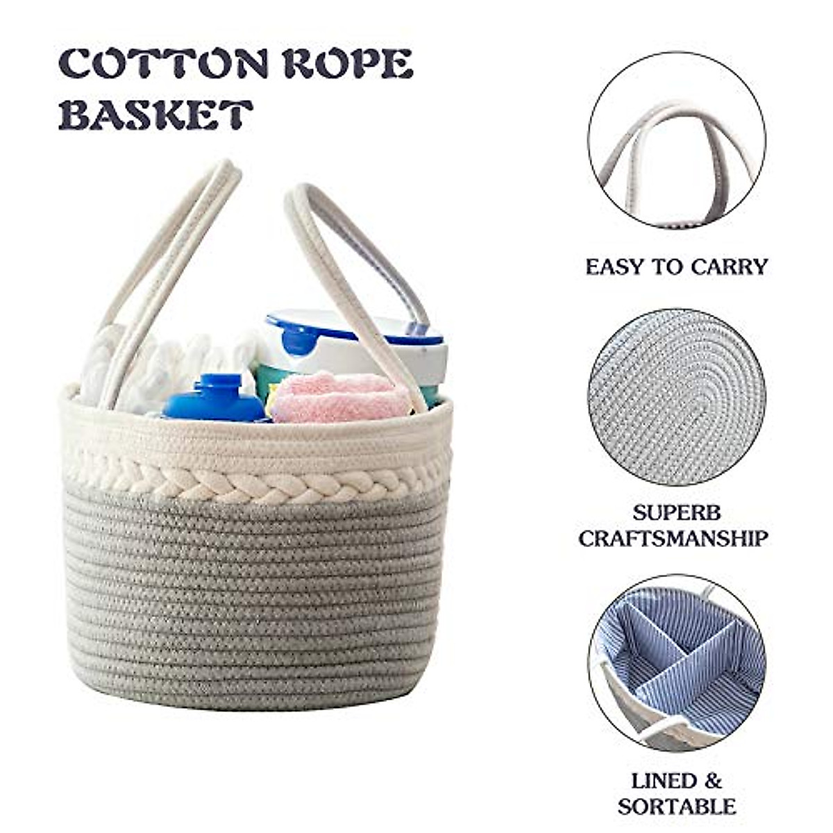 Hlryudo Baby Diaper Caddy Organizer, Large Capacity Nursery Storage Basket with Adjustable Divider, Cotton Rope Woven Diaper Basket, Baby Shower Gifts Newborn Essentials