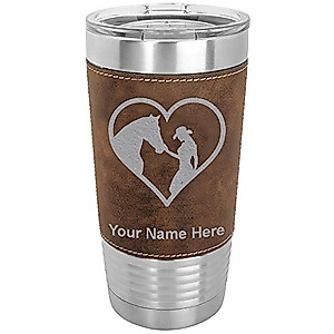 LaserGram 20oz Vacuum Insulated Tumbler Mug, Horse Cowgirl Heart, Personalized Engraving Included (Faux Leather, Rustic)