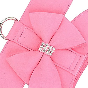 SELMAI Small Pet Dog Cat Bling Rhinestone Harness and Leash Set Bow Girls Soft Ultra Suede Leather, Adjustable/No Pull Pink L