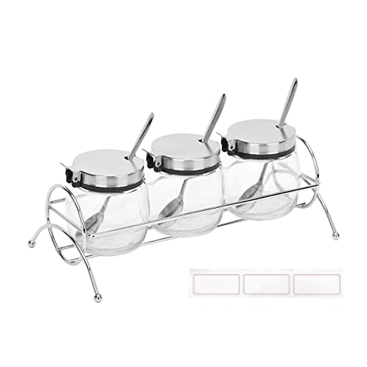 only fire Condiment Jar Spice Container with Lids, Stainless Steel Serving Spoons, Base Rack and Labels - Glass Seasoning Bottles Kitchen Accessories | Set of 3