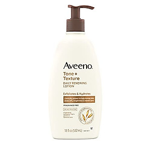 Aveeno Tone + Texture Daily Renewing Body Lotion With Prebiotic Oat, Gently Exfoliates & Hydrates Sensitive Skin, Clinically Proven to Help Bumpy, Rough Skin, Fragrance-Free, 18 Fl. Oz