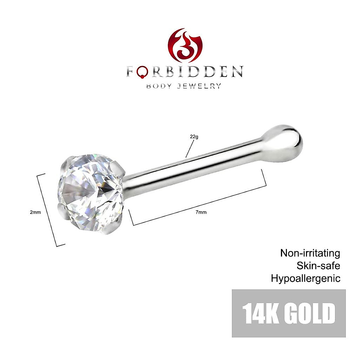 Forbidden Body Jewelry FBJ 14k White Gold Nose Ring, 22g, Solid 7mm Micro Stud, 2mm CZ Simulated Diamond, Non-Irritating Skin Safe Real Gold, Women/Men (Sold Individually)