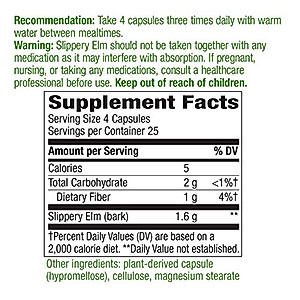 Nature's Way Slippery Elm Bark, Traditional Support to Soothe GI Tract*, 100 Vegan Capsules