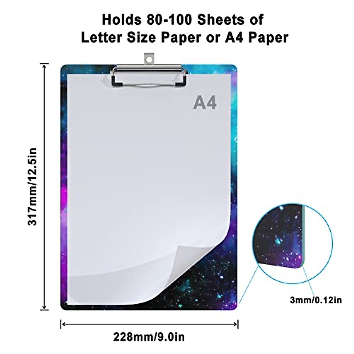 Cute Clipboard Wood Design Decorative A4 Letter Size Clipboards for Office, Standard Size 9" x 12.5" with Low Profile Metal Clip - Nebula Galaxy