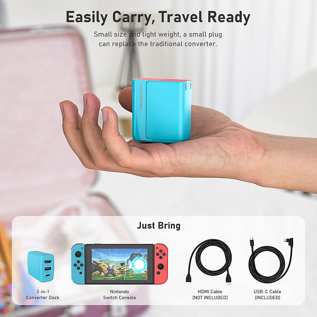 Switch Dock Charger HDMI Adapter for Nintendo Switch/OLED, Switch Docking Station Replacement for Original Dock Set, Portable 30W High-Speed with USB 3.0 Port, USB-C to USB-C Cable(Blue)