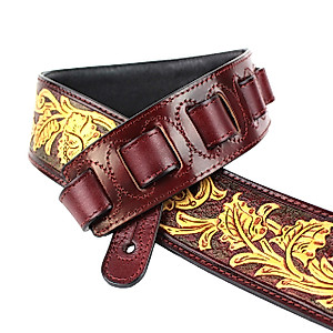 Walker And Williams LHR-37 Handmade Blood Red Premium Carving Leather Guitar Strap With Bright Gold Western Sheridan Carving Pattern And Padded Leather Back For Acoustic, Electric, And Bass Guitars