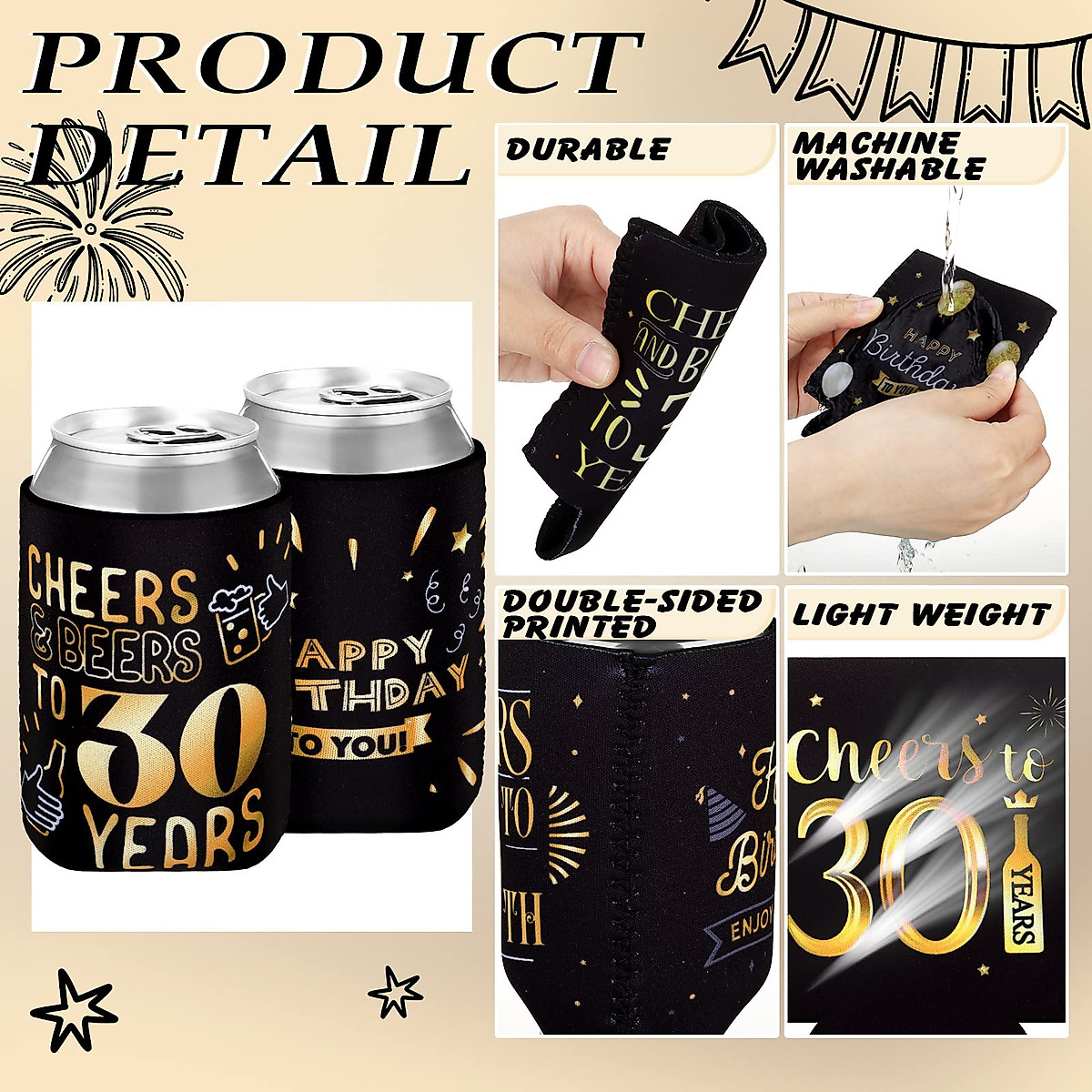 Umigy 24 Pcs 48 Pcs 30th Birthday Can Sleeve to 30 Years Can Neoprene Cooler 30th Birthday Decorations Party Favors Party Supplies Gift for Men Women