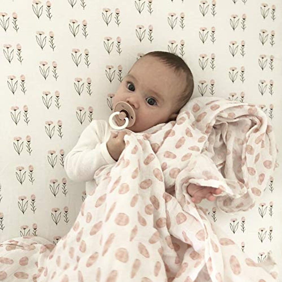 Adrienne Vittadini Bambini Jersey Cotton Standard Crib Sheets 2 Pack Watercolor Floral & Ovals, Pink