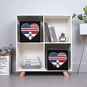 Dominican Republic and Aerican Flag Heart Foldable Storage Bins Printd Fabric Cube Baskets Boxes with Handles for Clothes Toys, 11x11x11