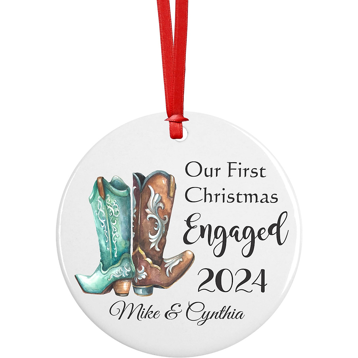 Engagement Ornament 2024, Our First Christmas Engaged, Personalized Tree Decoration, Western Couple Gift (Personalized)