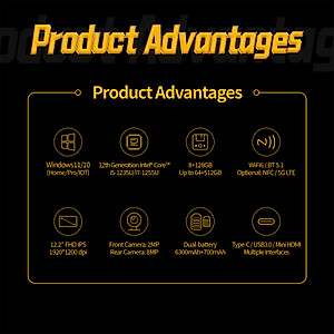 DORLAND EX Tablet12,12.2" Rugged Tablet,6300mAh+700mAh Dual Battery, Windows 10/11 Touchscreen Tablet PC,Intel i5 8E-Cores CPU 8GB RAM+128GB ROM,USB 3.0, Micro HDMI, 8MP +2MP Camera,Black