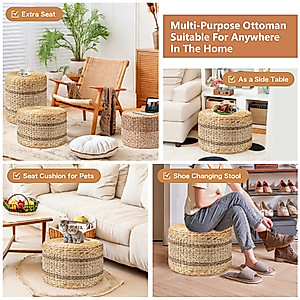PrimeZone Patio Pouf Ottoman 18" D x 18" W x 12" H, Hand Woven Natural Seagrass Rattan Indoor Outdoor Footstool, Round Boho Poufs Footrest Floor Chair Seat for Living Room, Bedroom, Porch, Stripe