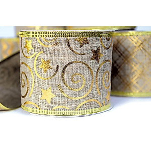 Gold Ribbon Wired Christmas Tree Ribbon 2.5 Inch Burlap Ribbons Xmas 6 Rolls 36 Yards Metallic Glitter Crafts Decorating Gift Wrapping Bows Gift Wrap Bow Trees Topper Wreath Indoor/Outdoor