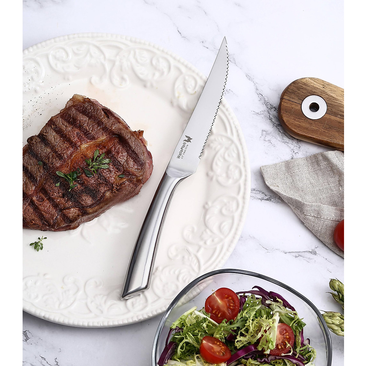 WALLOPTON Steak Knives Set of 8 - High Carbon Stainless Steel, Dishwasher Safe - Polished Blade & Handle, Straight Edge - 4.5'' Kitchen Dinner Table Knife Set Non Serrated