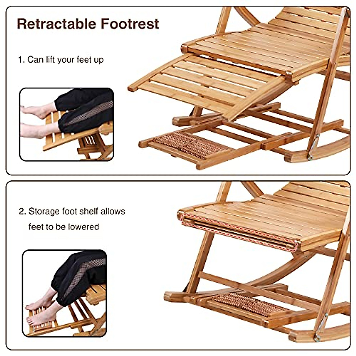 Wisfor Bamboo Lounge Chair Large Adjustable Rocking Chair Reclining Patio Chair with Headrest Pillow and Foot Massage Board for Max Loading Weight 441lbs
