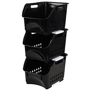 Ziglous 3 Packs Plastic Stacking Storage Baskets, Plastic Stackable Organizer Bins, Black
