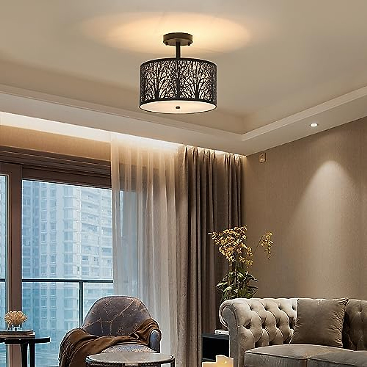 Stepeak Semi Flush Mount Ceiling Light Fixture, Black Light Fixture, 3-Light Drum Light with Etched Pattern Shade, Farmhouse Ceiling Lights for Bedroom Kitchen Hallway Dining Room Foyer Entryway