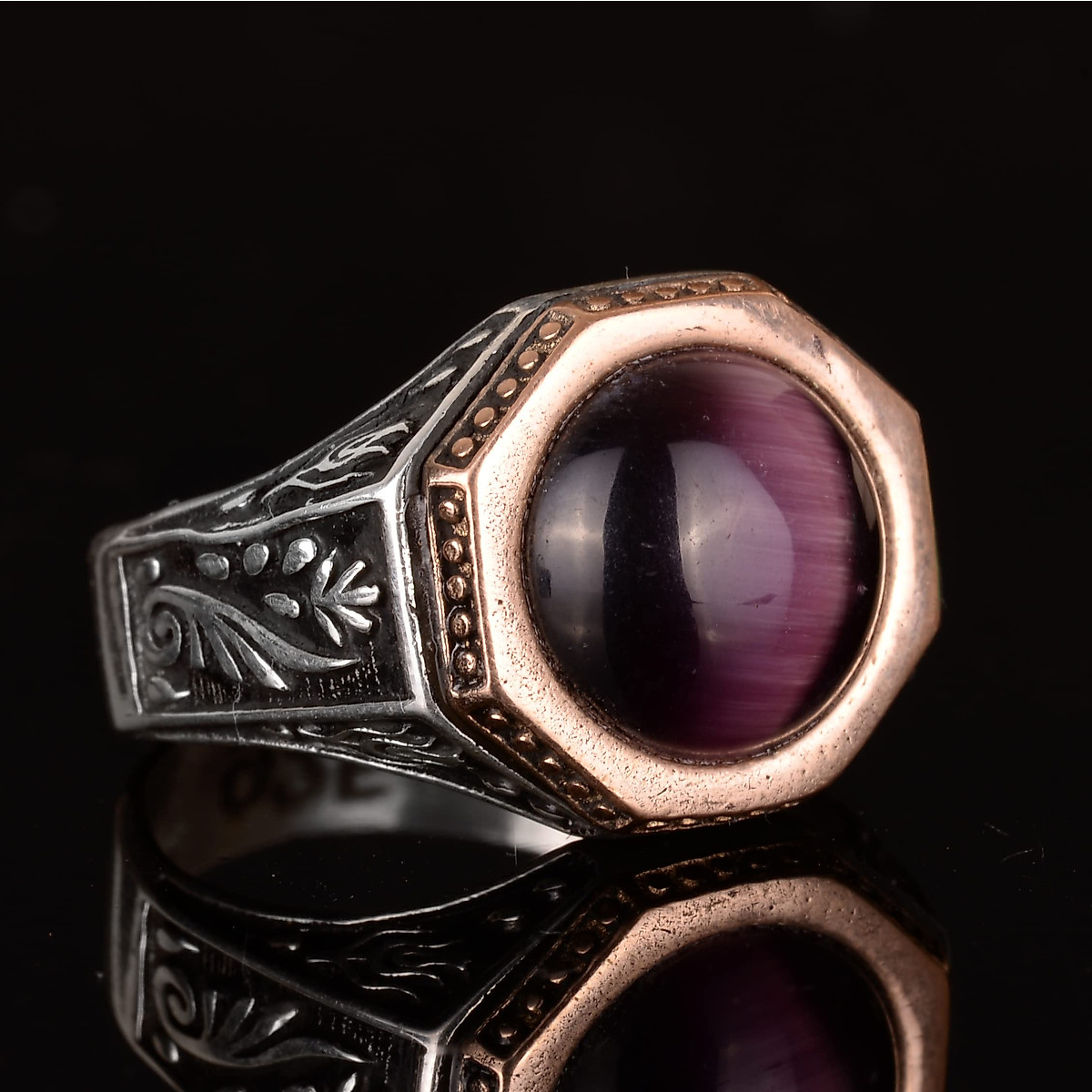 Men's 925 Sterling Silver Handmade Ring with Natural Amethyst Gemstone - Byzantine Empire Design