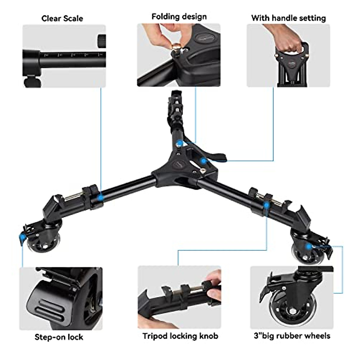 SmallRig Universal Photography Tripod Dolly, Heavy Duty with 3" Rubber Wheels, Adjustable Legs and Carry Bag, 33 lbs Capacity Tripod Wheels for Canon for Sony Cameras Camcorder Video Lighting- 3986