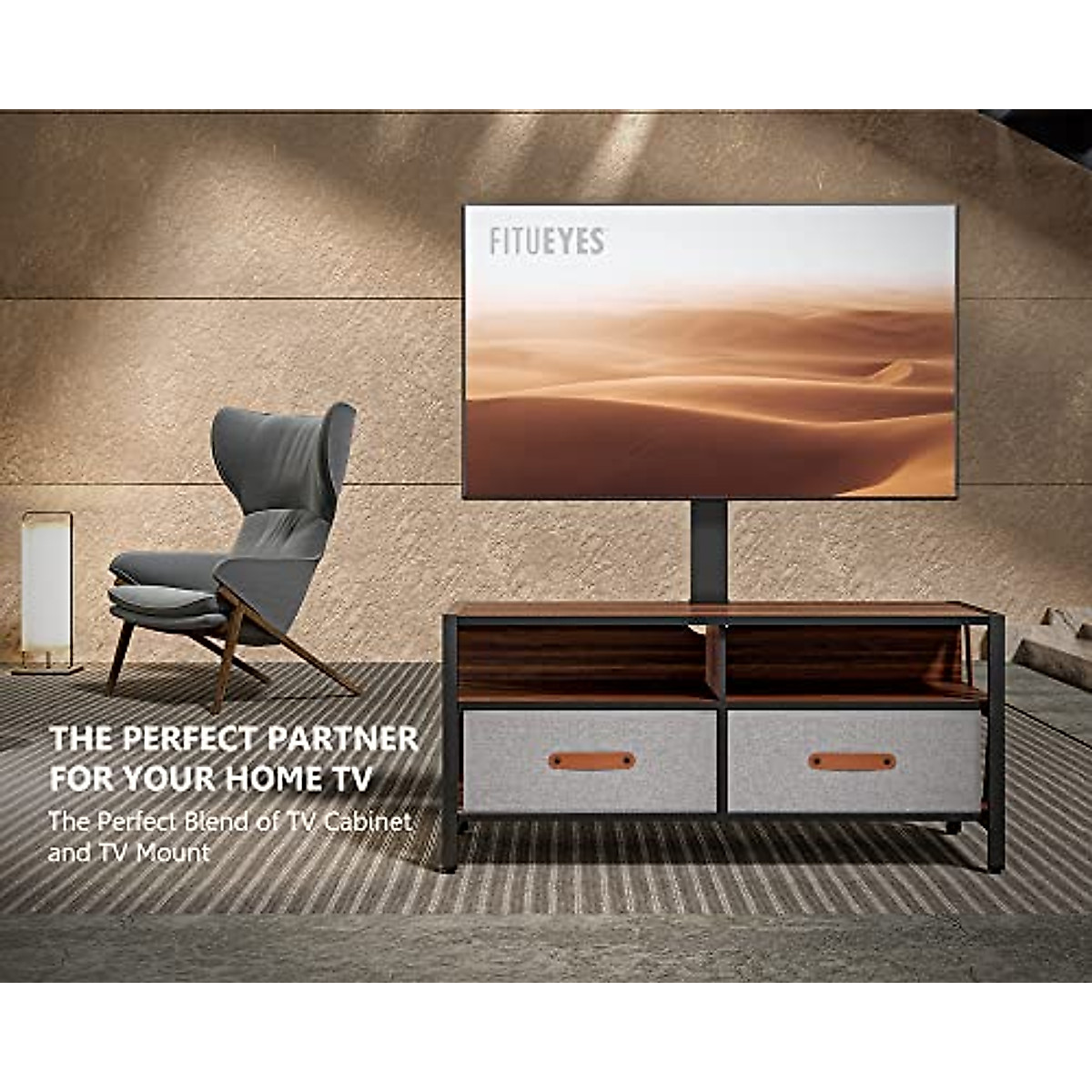 FITUEYES Wood Swivel Floor TV Stand with Mount for 37-75 Inch TVS, Television Stands with Storage for Bedroom - Height Adjustable, Cable Management, Removable Fabric Drawers, VESA 400x600mm, Walnut