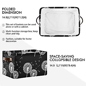 AGONA White Flower Dandelion Black Foldable Storage Bins Large Collapsible Fabric Storage Baskets with Leather Handles Organizing Box for Shelves Home Bedroom Nursery Office 2 Pack