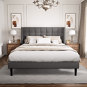 CXVX Queen Size Platform Bed Frame with Upholstered Headboard and Wingback, Mattress Foundation with Wooden Slat Support, No Box Spring Needed, Easy Assembly, Noise Free, Dark Gray