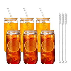 Phunihel 6 Pcs Drinking Glasses with Bamboo Lids and Glass Straw - 16 Oz Can Shaped Glass Cups for Beer, Ice Coffee, Cute Tumbler Cup Great for Soda Boba Tea Cocktail Include 3 Cleaning Brushes
