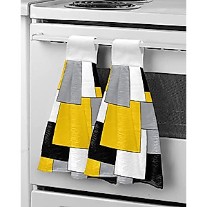 2PCS Hand Tie Towels for Bathroom Kitchen-Abstract Modern Geometric Art Decor Hanging Towel Tea Bar Dish Cloth Soft Coral Fleece Absorbent Washcloth, Yellow Gray Black White Color Block