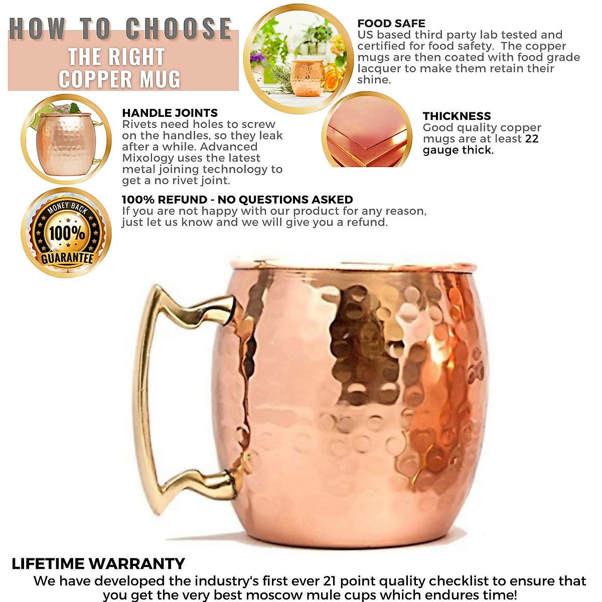 Kitchen Science [Gift Set] Moscow Mule Copper Mugs Set of 6 (16oz) w/Straws & Jigger | 100% Pure Copper Cups, Tarnish-Resistant Food Grade Lacquered Finish, Ergonomic Handle (No Rivet) w/Solid Grip