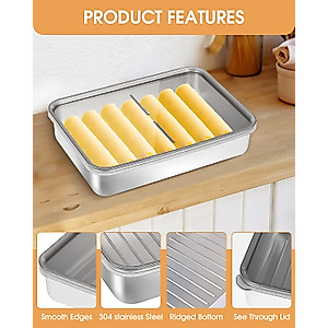 LayaVilla 1PCS Cheese Container for Fridge, 304 Stainless Steel Deli Meat Container for Fridge with Ridged Bottom, Food Storage Containers with Lids (1PCS Cheese Container- 27 FL OZ)