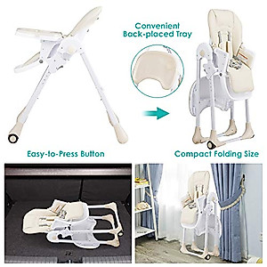 BABY JOY Convertible High Chair for Babies & Toddlers, Height Adjustable, Grow & Go High Chair w/Recline & Footrest, Removable Dishwasher Safe Meal Tray, Portable Baby Dinning Chair w/Wheels (Beige)