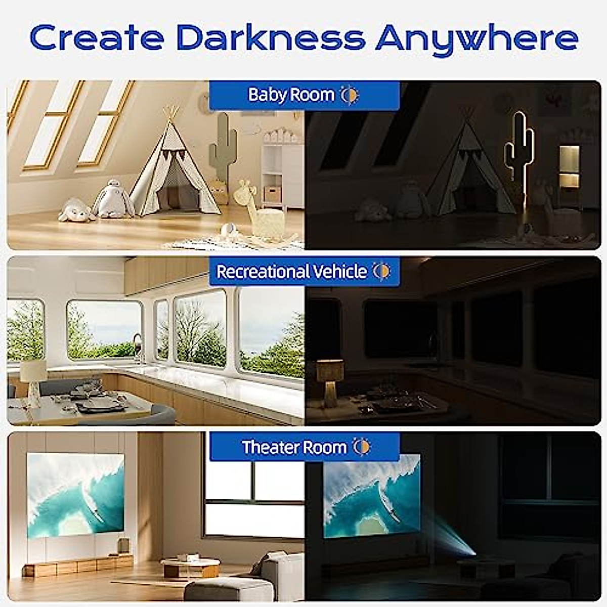 Blackout Curtains for Bedroom, 39" x 58" Portable Blackout Blinds with 20 Sets Hooks & Loops Strips for 100% Blackout Window Film, Temporary Blackout Shades for Windows Cover Nursery Travel RV- Black