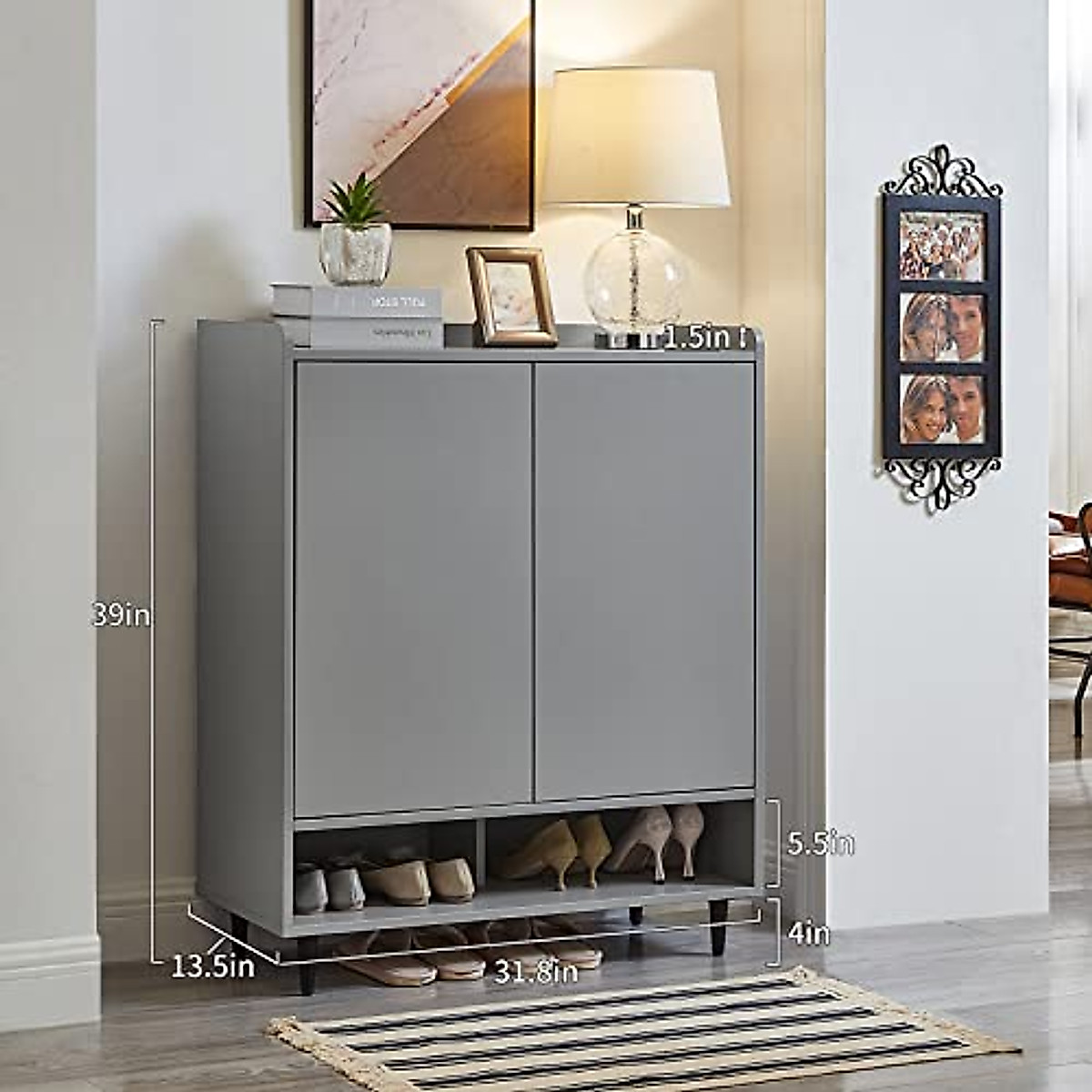 OLD CAPTAIN Shoes Cabinet,5-Tier Modern Entryway Organizer Cabinet with Door,Deodorisation and Automatic Lighting (Grey)