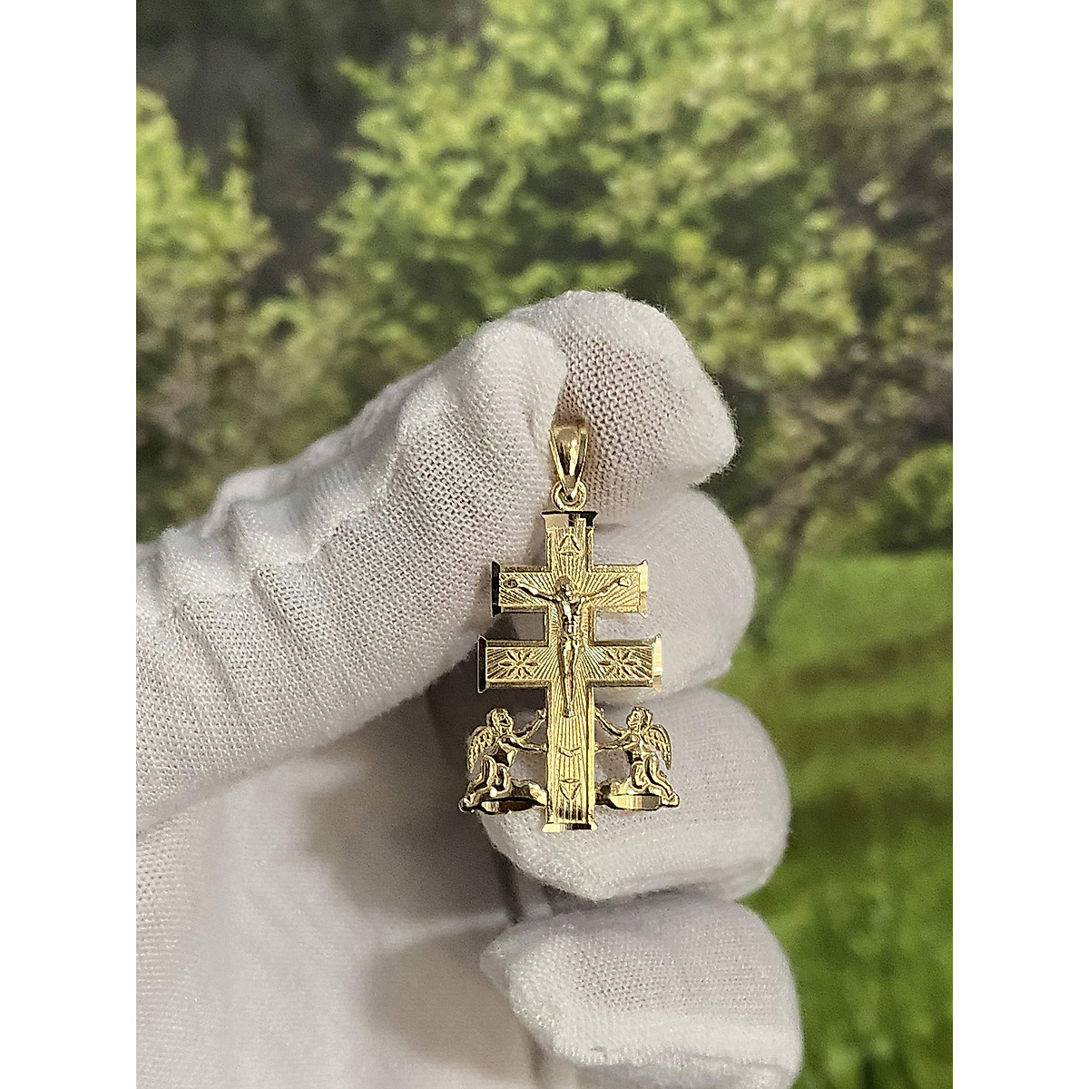 14k Yellow Gold Religious Cross of Caravaca Pendant