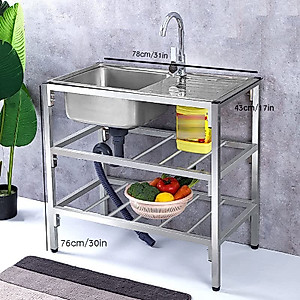 Stainless steel sink, free standing kitchen sink, outdoor garden sink with hot and cold water faucet and storage rack for laundry room, backyard, garage, camping, garden, bathroom