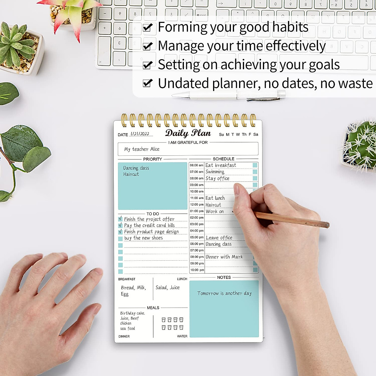 Daily Planner Notepad Undated To Do List Planning Pad Checklist with Hourly Schedule Calendars Meal, Spiral Appointment Organizers Notebook for Man/Women,52 Sheets (6"x8.5")2Pack