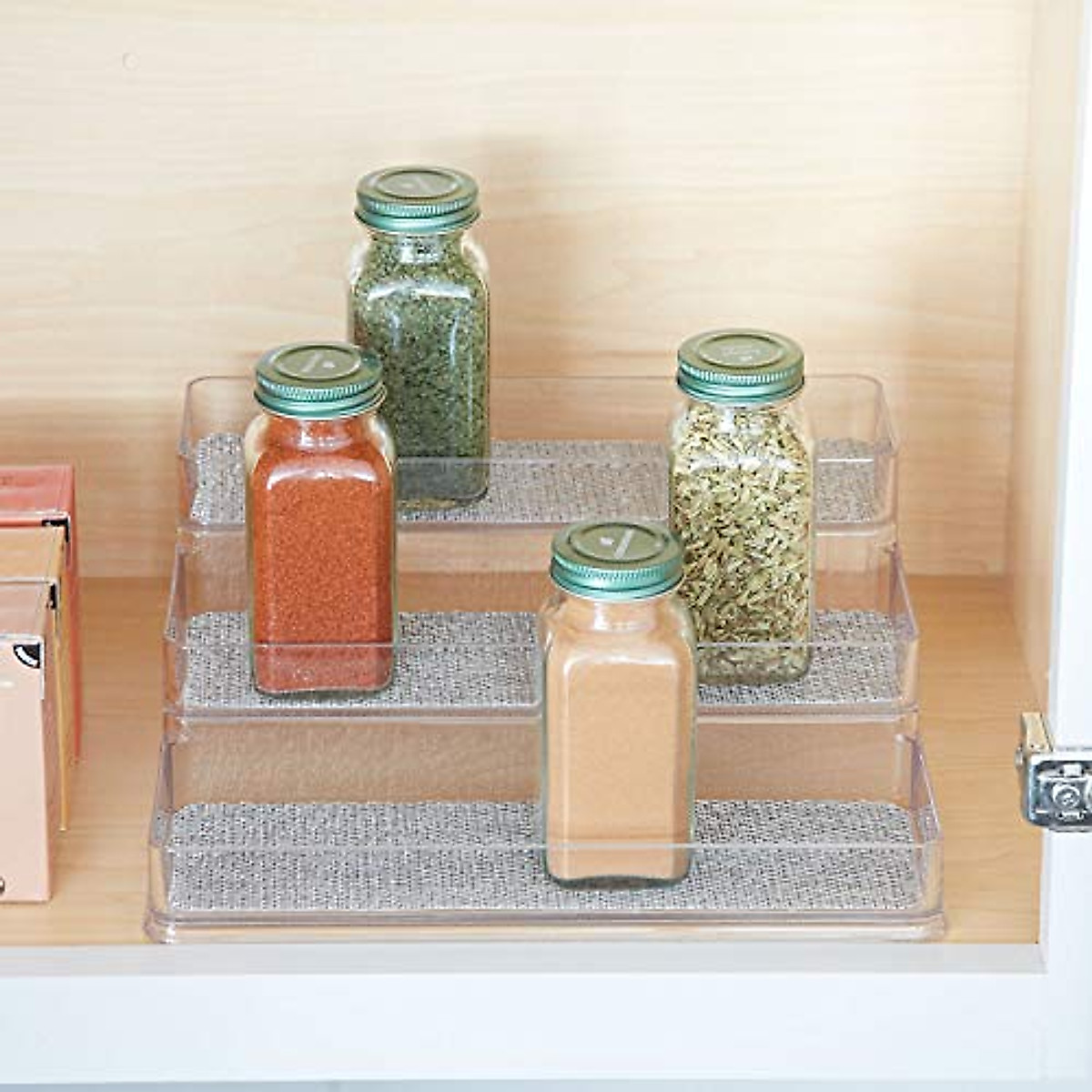 iDesign Twillo Plastic Stadium Spice Rack, 3-Tier Organizer for Kitchen Pantry, Cabinet, Countertops, Vanity, Office, Craft Room, 9.2" x 10" x 4", Metallico and Clear